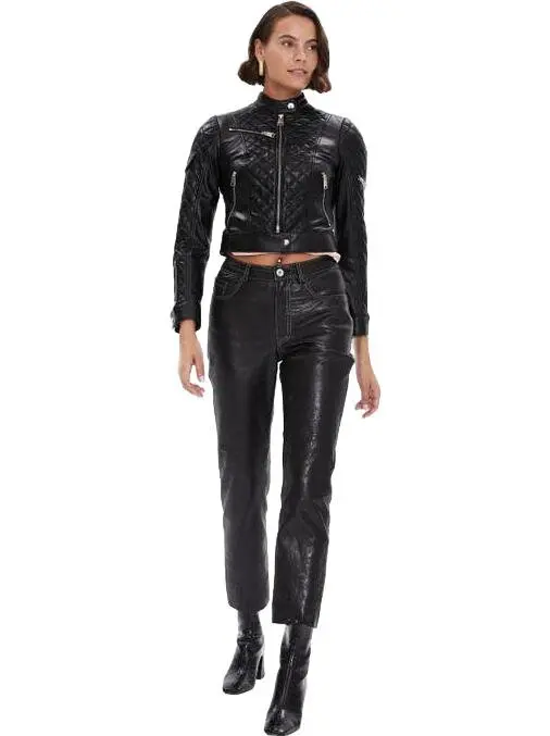 FURNIQ UK Leather Quilted Biker Jacket - Black