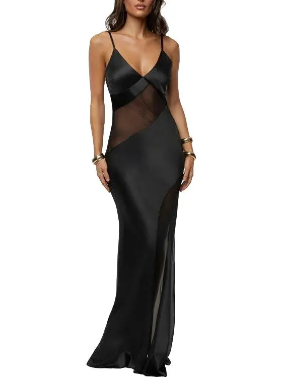 JLUXLABEL Lust Mesh & Satin Maxi Dress - Black