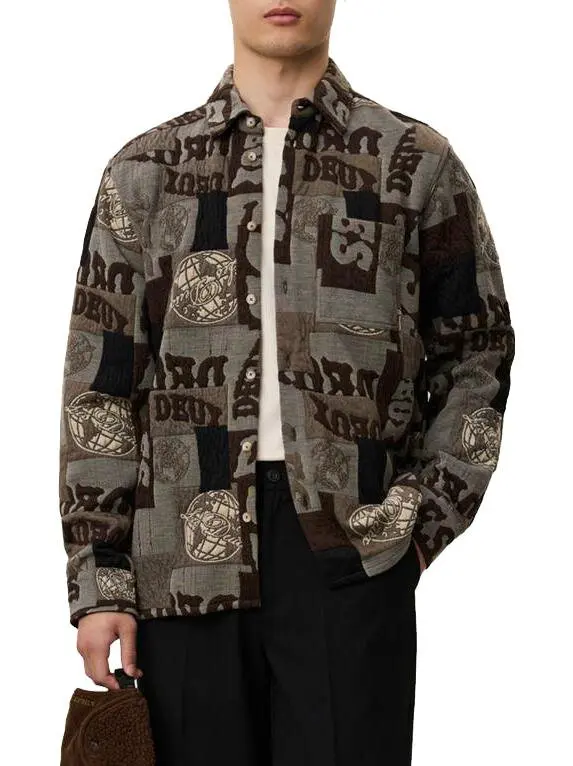 LES DEUX Kaleb Patchwork Jacquard Overshirt - Mountain Grey Brown