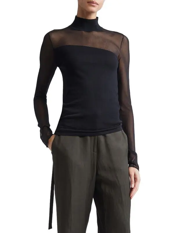 JASON WU Sheer Inset Merino Wool Turtleneck Sweater - Black/black