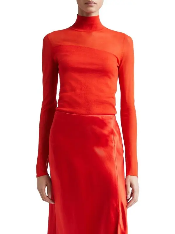 JASON WU Sheer Inset Merino Wool Turtleneck Sweater - Papaya