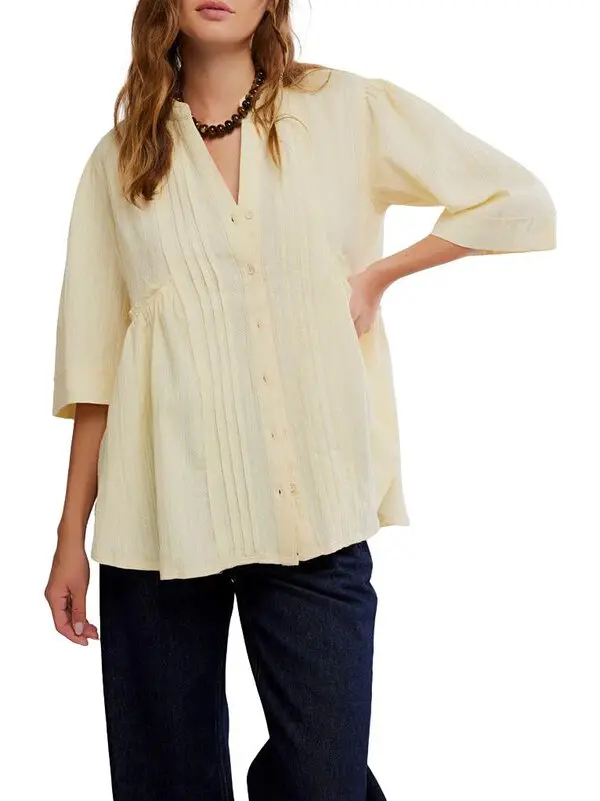 Free People Willow Pintuck Cotton Button-up Shirt - Perfect Flan