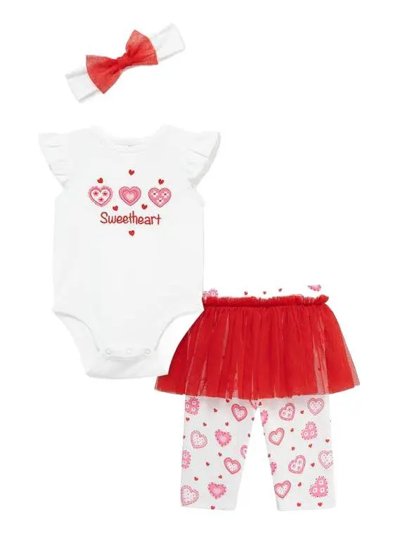 LITTLE ME Sweetheart Embroidered Bodysuit, Tutu Leggings & Headband Set - Red