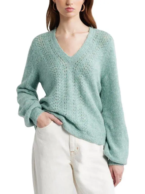 Treasure & Bond Oversized Pointelle V-neck Sweater - Green Milieu