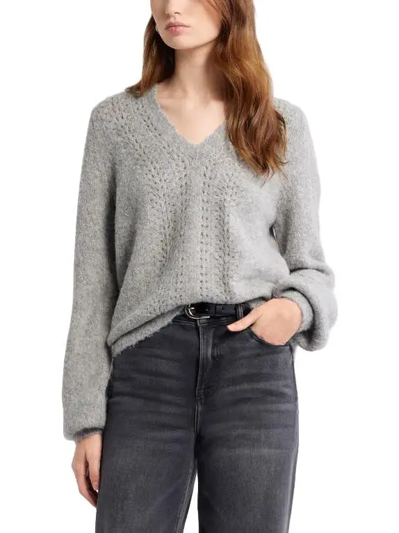 Treasure & Bond Oversized Pointelle V-neck Sweater - Grey Heather