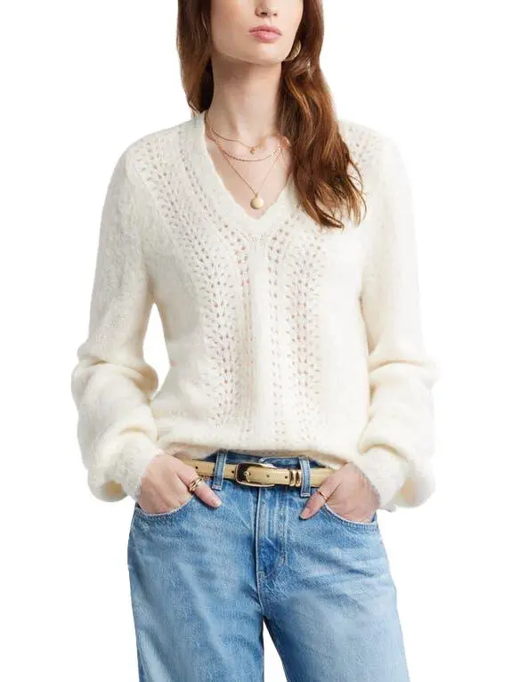 Treasure & Bond Oversized Pointelle V-neck Sweater - Ivory Dove