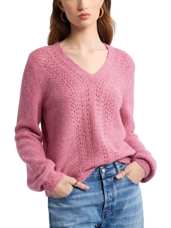 Treasure & Bond Oversized Pointelle V-neck Sweater - Pink Haze