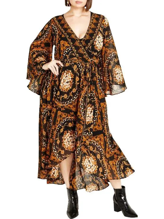 City Chic Paris Long Sleeve Faux Wrap Maxi Dress - Print