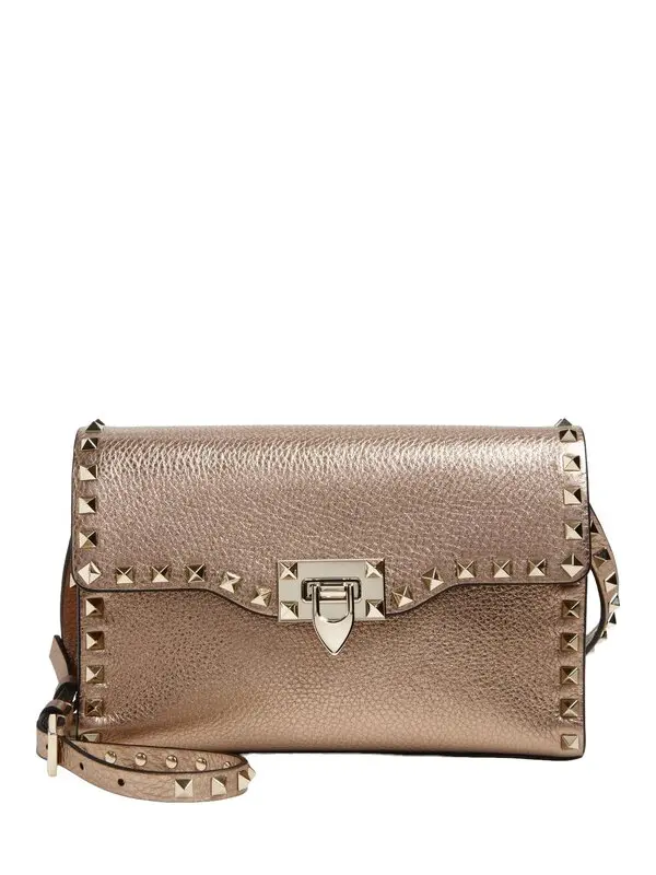 Valentino Garavani Small Rockstud Grained Metallic Leather Shoulder Bag - Rose
