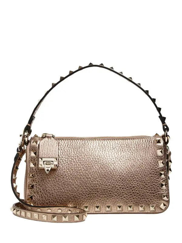 Valentino Garavani Small Rockstud Grained Metallic Leather Shoulder Bag - Rose