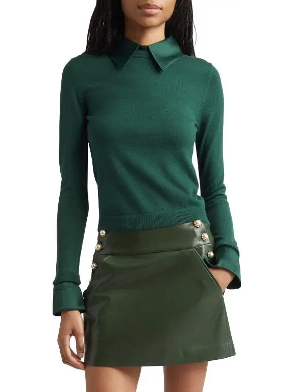 Alice + Olivia Porla Satin Trim Wool Sweater - Green Mystique
