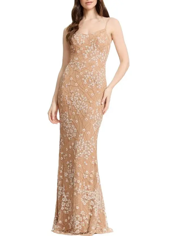 Dress The Population Beaded Floral Sheath Gown - Champagne Multi