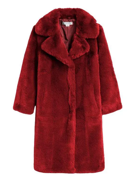 NOIZE Savannah Faux Fur Longline Coat - Red