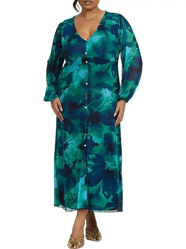 FASHION-SZN CURVE Button Up Plisse Midi Dress - Green