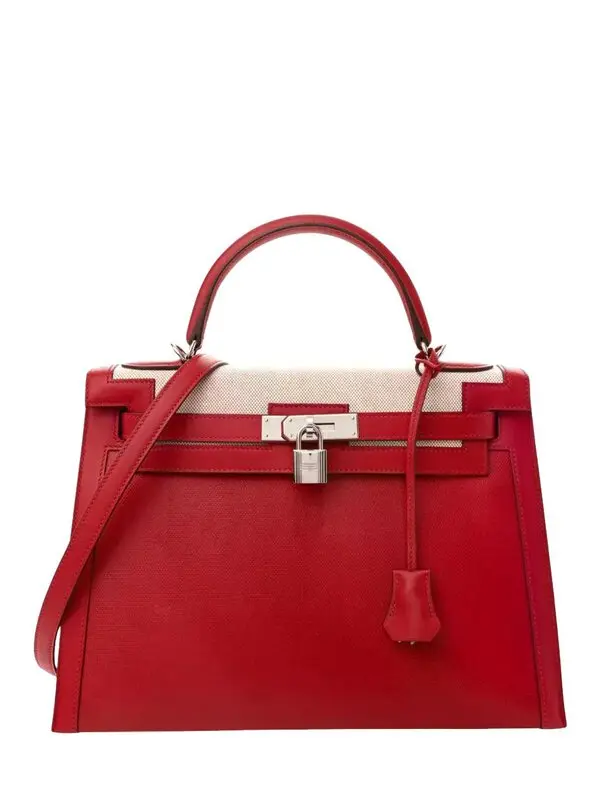 Hermès 2022 Kelly 32 Sellier Swift Toile Berline Handbag - Red