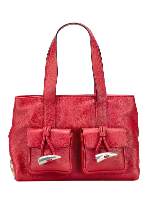 Burberry House Check Trimmed Grainy Calfskin Horn Toggle Tote Bag - Red