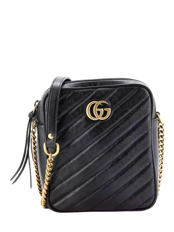 Gucci Gg Marmont Double Zip Camera Bag Diagonal Quilted Leather Mini Crossbody Bag - Black