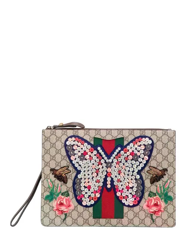 Gucci Gg Supreme Web Butterfly Clutch - Brown