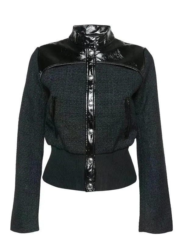 Maje Tweed Jacket With Patent Leather Yoke - Black