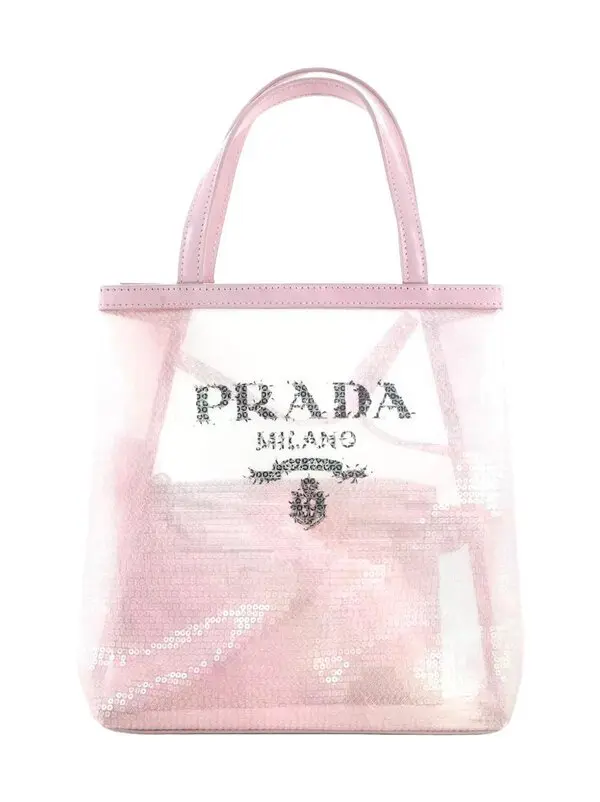 Prada Logo Sequined Mesh Small Tote Bag - Pink