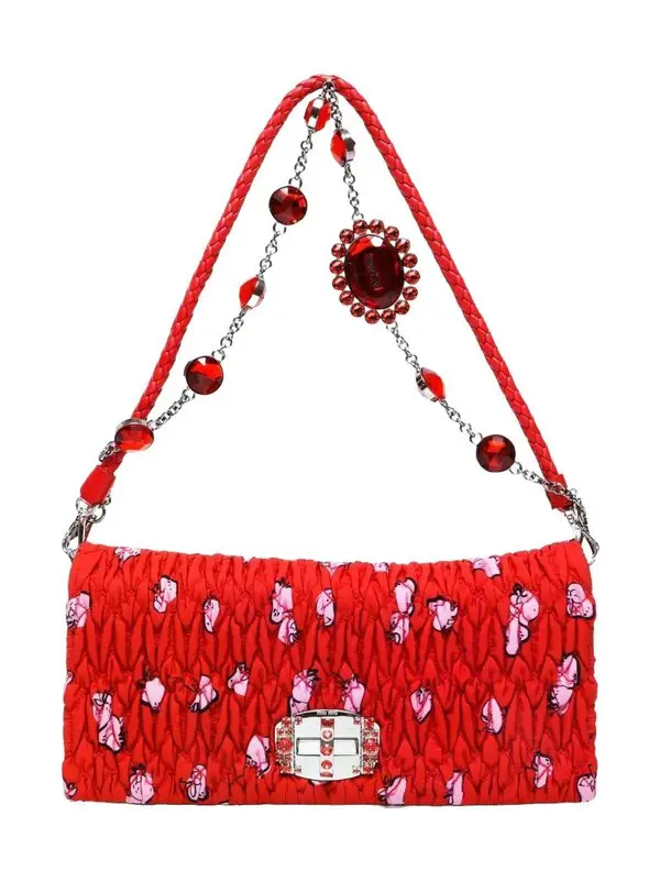 Miu Miu 2010s Matelassé Crystal Embellished Shoulder Bag - Red