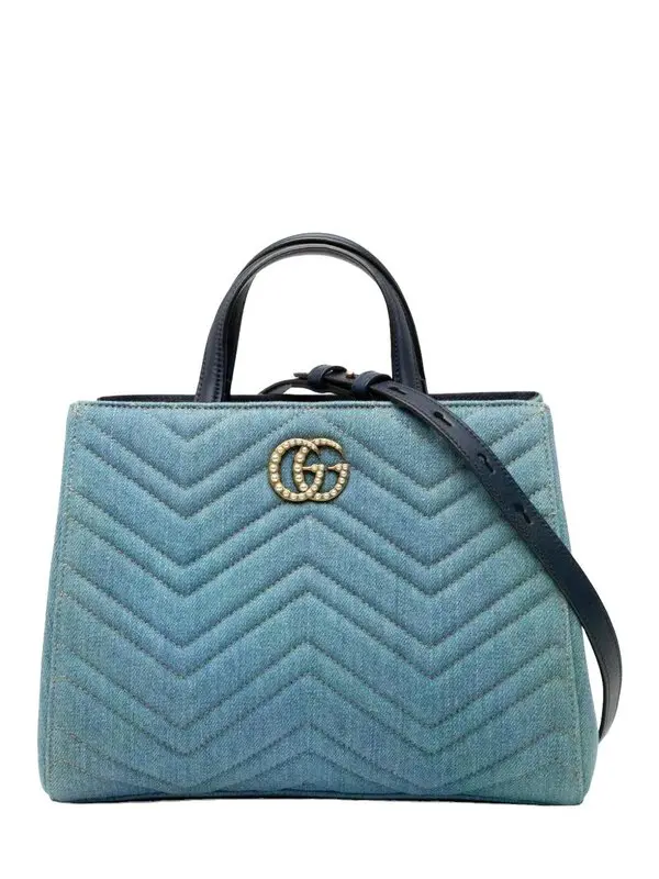 Gucci Small Gg Marmont Matelassé Denim Satchel - Blue