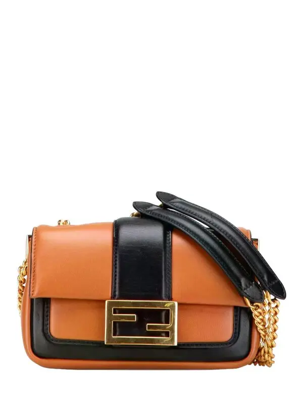 Fendi 2010-2025 Mini Bicolor Nappa Apolo Chain Baguette Shoulder Bag - Black