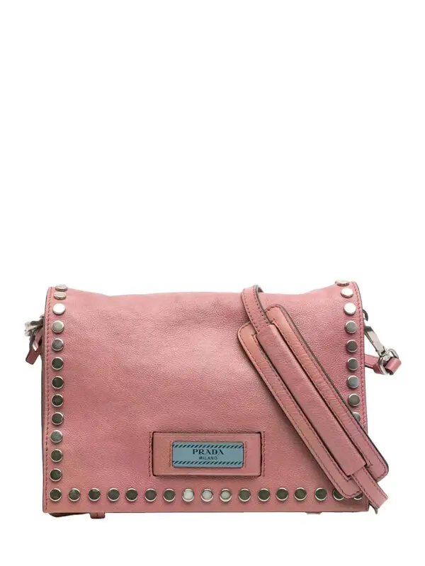 Prada 2000-2013 Glace Calf Studded Etiquette Flap Crossbody Bag - Pink