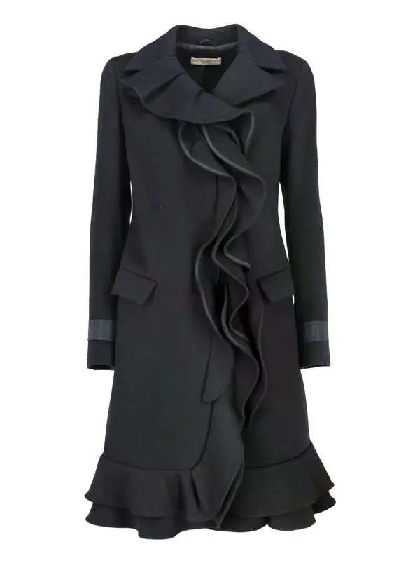 Prada Ruffled-trim Double-breasted Wool Coat - Black