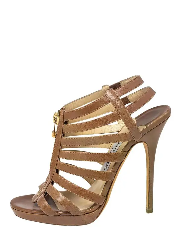 JIMMY CHOO 120mm Leather Zip Sandals - Brown