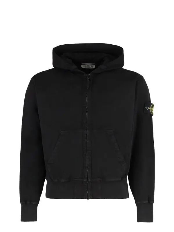 Stone Island Hooded Zip-up Cotton Sweatshirt - Black