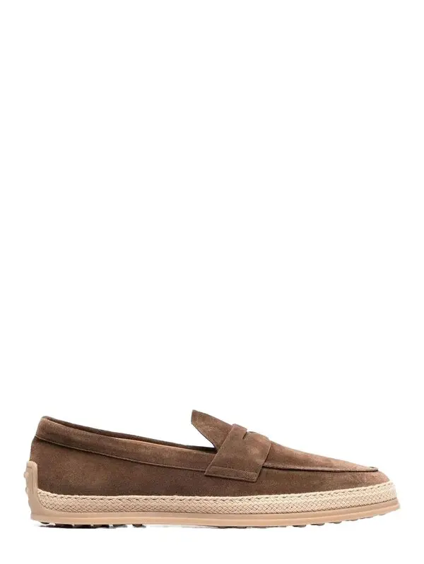 TOD'S Suede Loafers With Raffia Piping - Brown