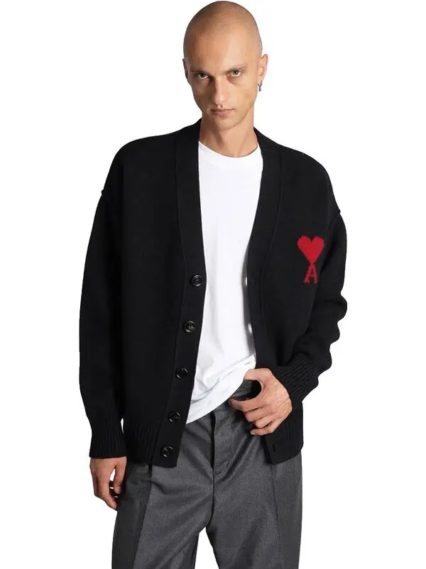 Ami Cardigan In Wool With Logo - Black