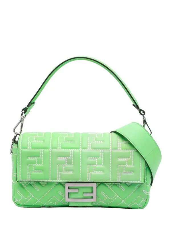 Fendi Zucca Embossed Leather Baguette Satchel - Green