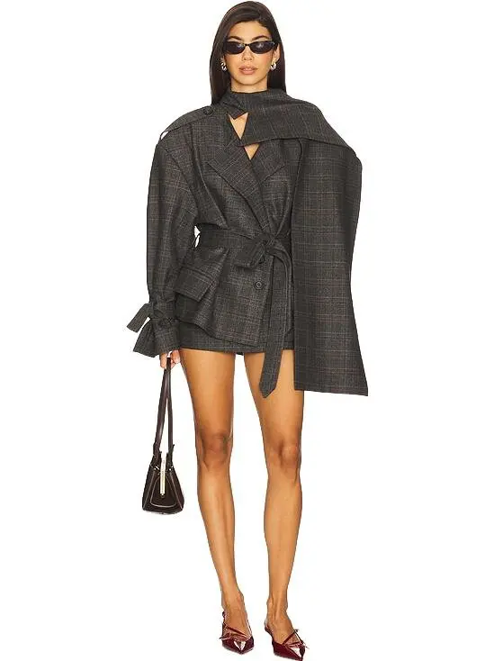 CEREN OCAK Cape Detailed Jacket - Grey Tartan