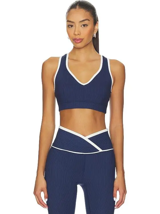 Year Of Ours Ribbed V Sports Bra In Navy - Navy & White