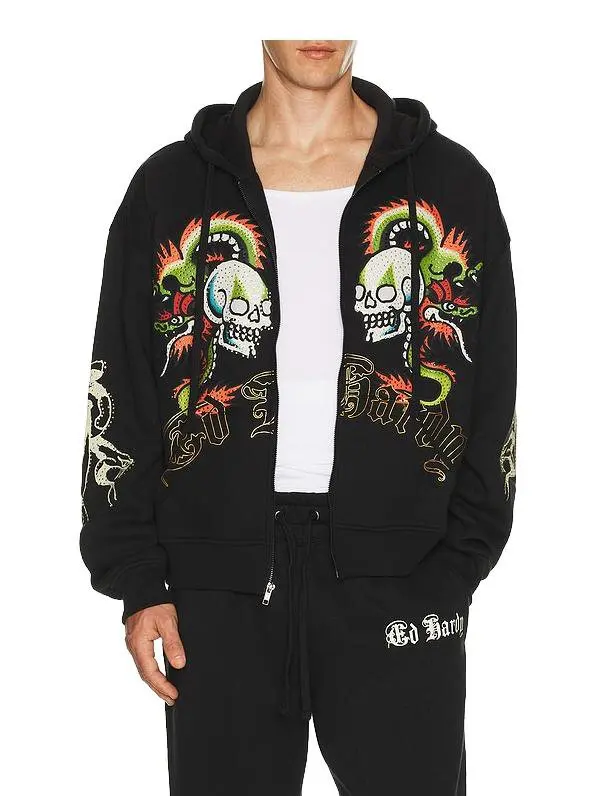 Ed Hardy Dragon Skulls Rhinestone Zip Hoodie - Black