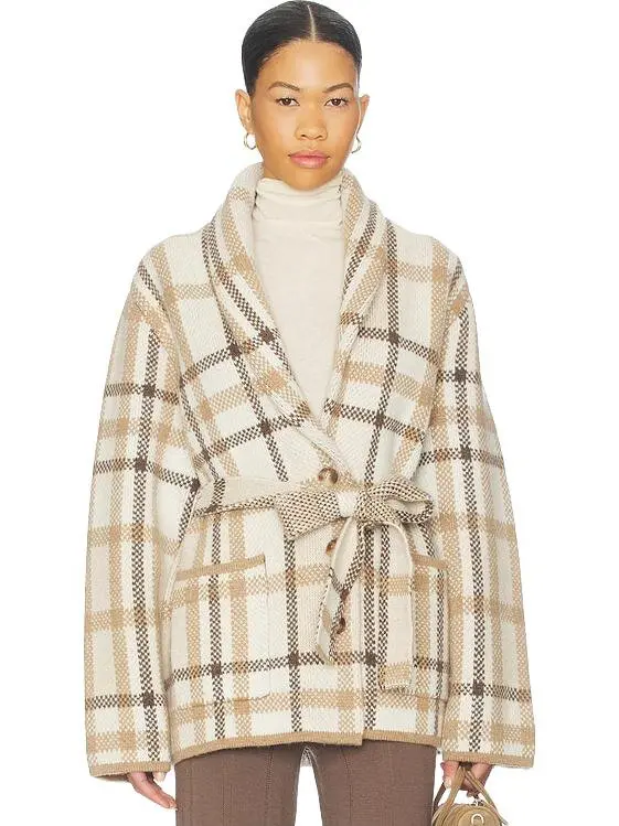 Naadam Super Luxe Plaid Jacquard Wrap Coat - Camel Combo