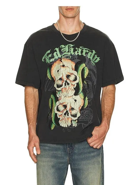 Ed Hardy Skull Snakes Boxy Tee In Black - Vintage Black