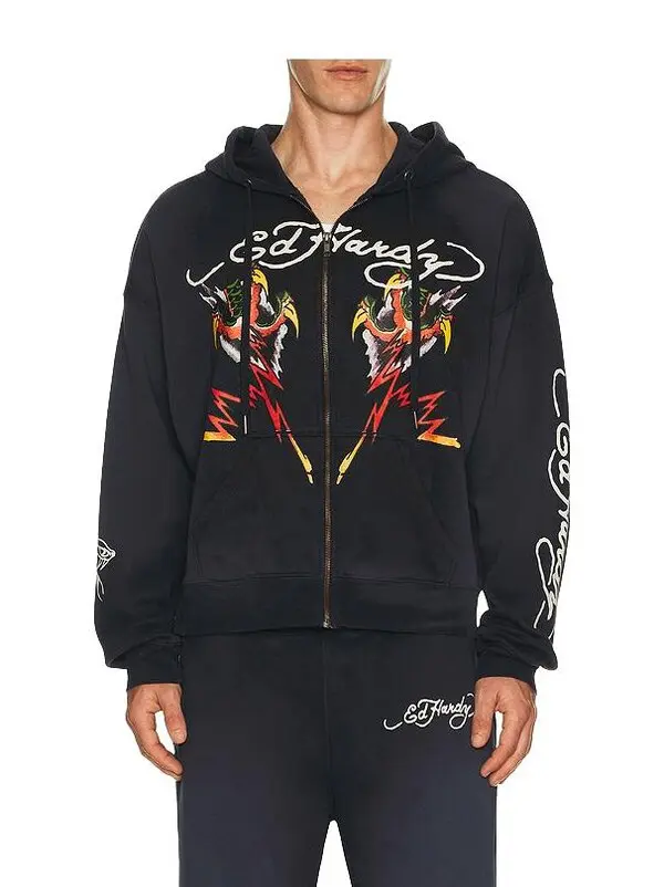 Ed Hardy Tiger Flame Boxy Zip Hoodie - Sunfade Navy