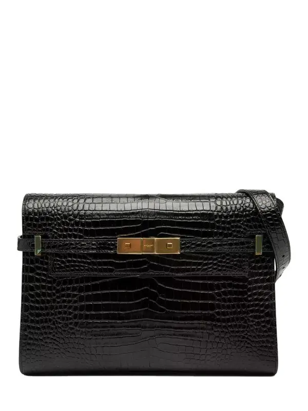Saint Laurent Pre-owned Medium Shiny Croc Embossed Manhattan Shoulder Bag - Black