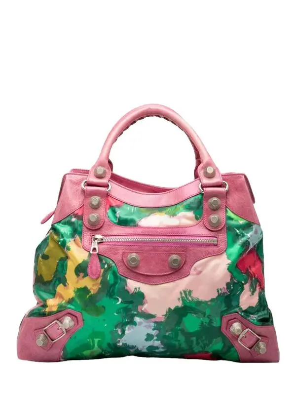 Balenciaga Lambskin And Satin Floral Print Motocross Giant 21 Brief Satchel - Pink
