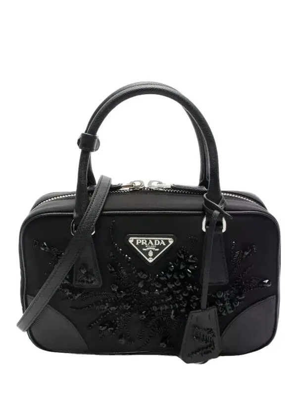 Prada 2020s Beaded Floral Appliqué Handbag - Black
