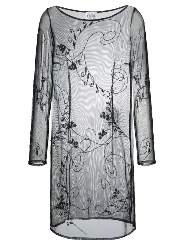 Gianfranco Ferre 1990s Floral-embroidered Long-sleeved Dress - Black