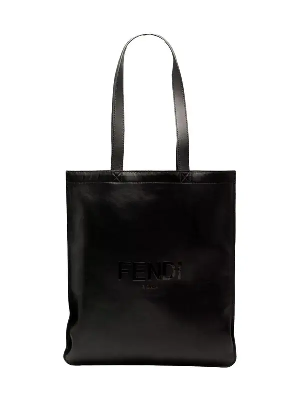Fendi 2019 Embossed Leather Logo Shopper Tote Bag - Black