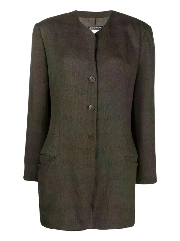 Giorgio Armani 1990s Plaid Silk-blend Collarless Jacket - Brown