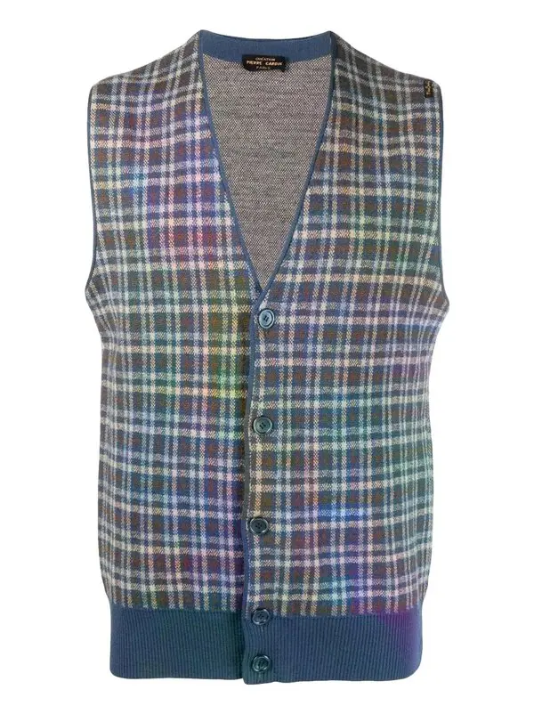 Pierre Cardin 1970s Checked V-neck Waistcoat - Blue