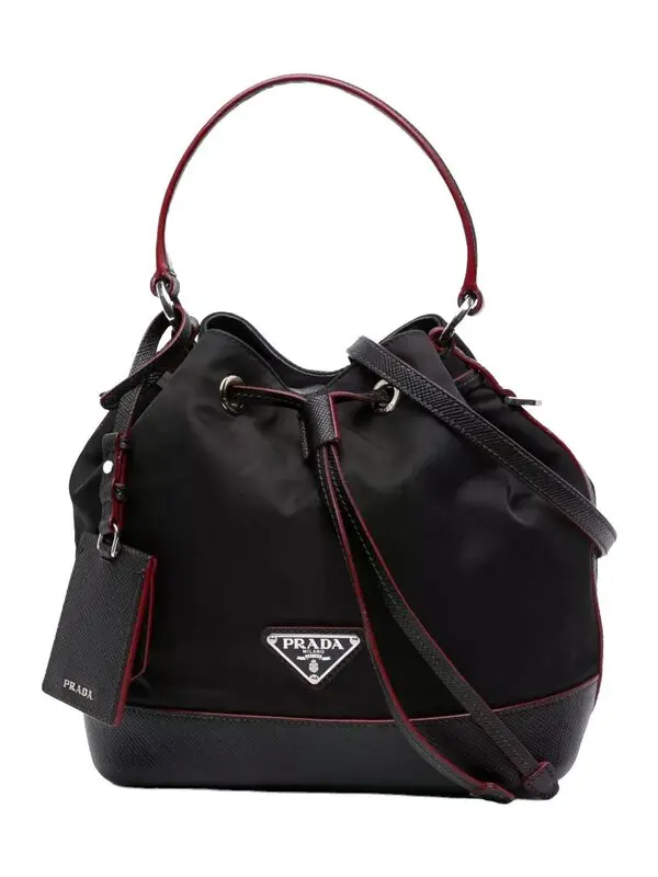 Prada Saffiano Trimmed Tessuto Bucket Bag Satchel - Black