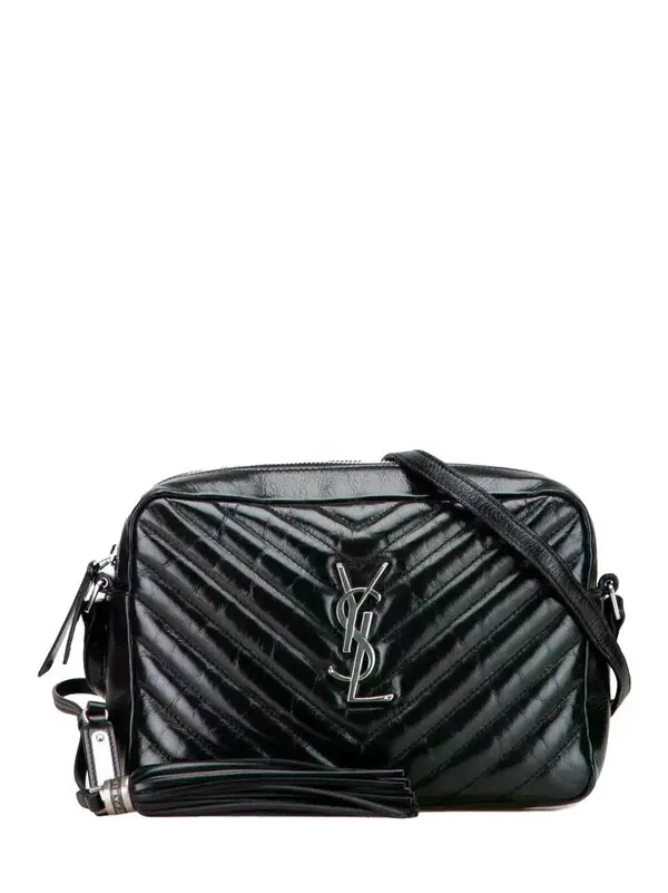 Saint Laurent 2017 Cracked Shiny Calfskin Matelasse Tassel Monogram Lou Camera Bag - Black