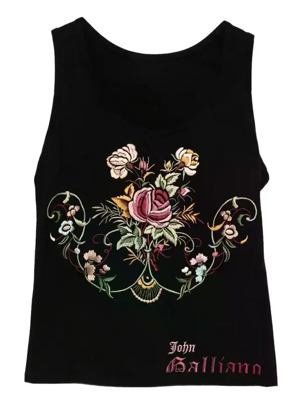 John Galliano 2000s Floral-embroidery Tank Top - Black